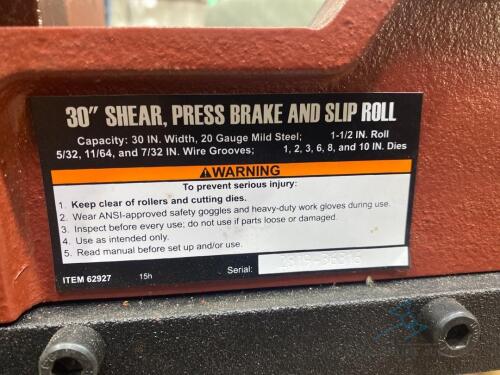 Central Machinery 30” Shear, Press Brake and Slip Roll
